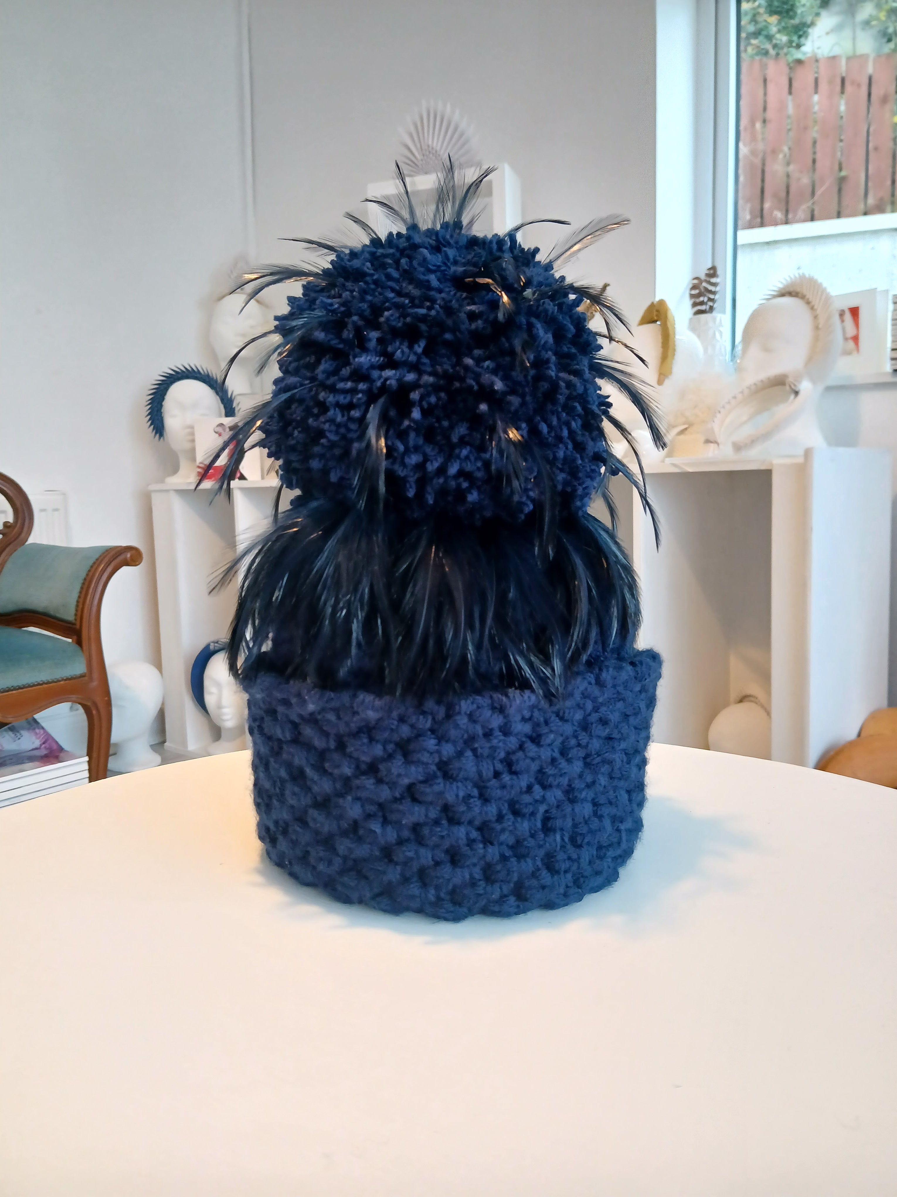 Special Edition French Navy Aran LynchMob Beanie Hat with Feather Trim ...